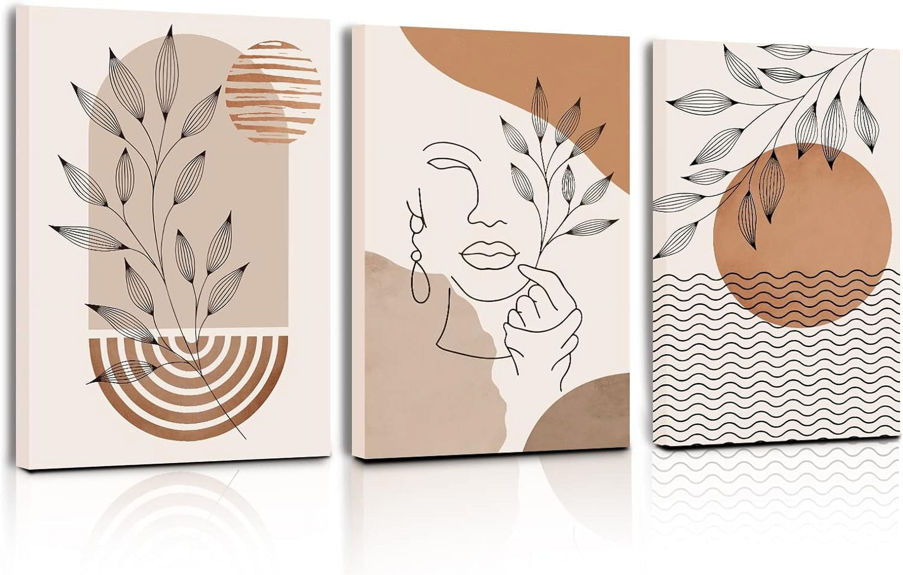 AABERIC Boho Framed Wall Art Set of 3, Minimalist Wall Decor Living Room, Geometric Line Leaf ...