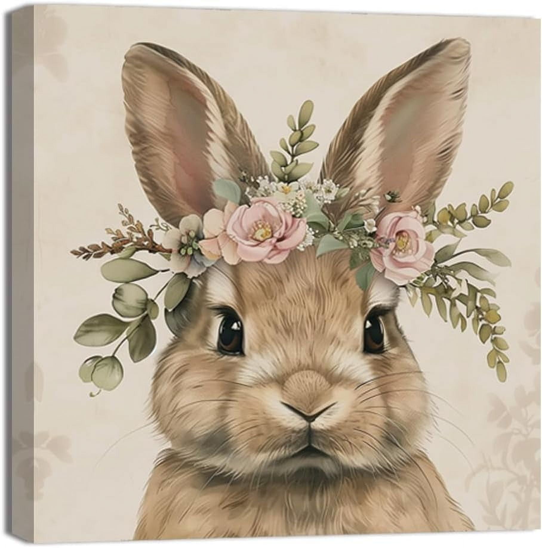 AABERIC Bunny Canvas Wall Art Cute Animal Wearing a Flower Crown ...
