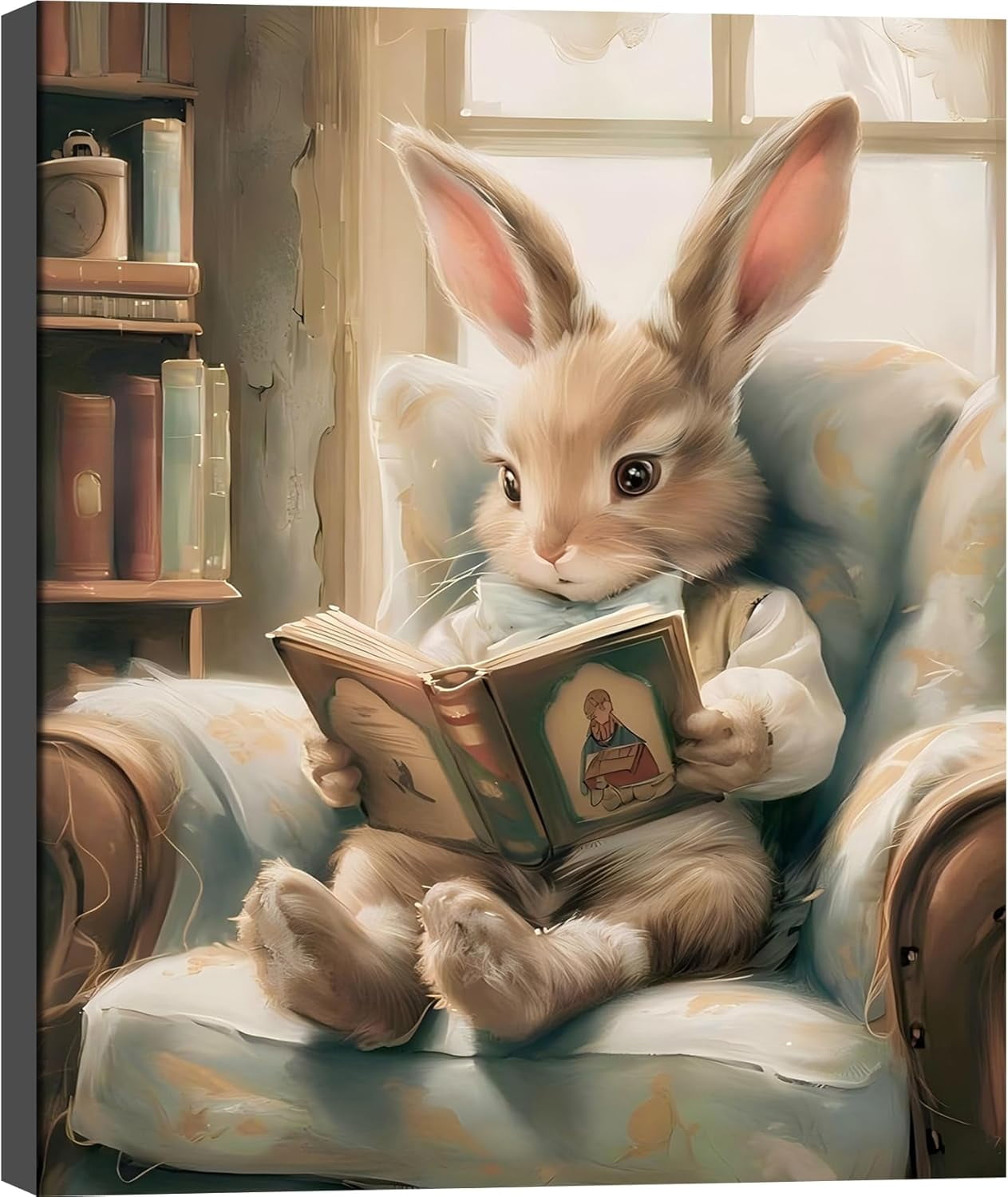 AABERIC Bunny Reading a Book Canvas Wall Art, Gentleman Brown Rabbit ...