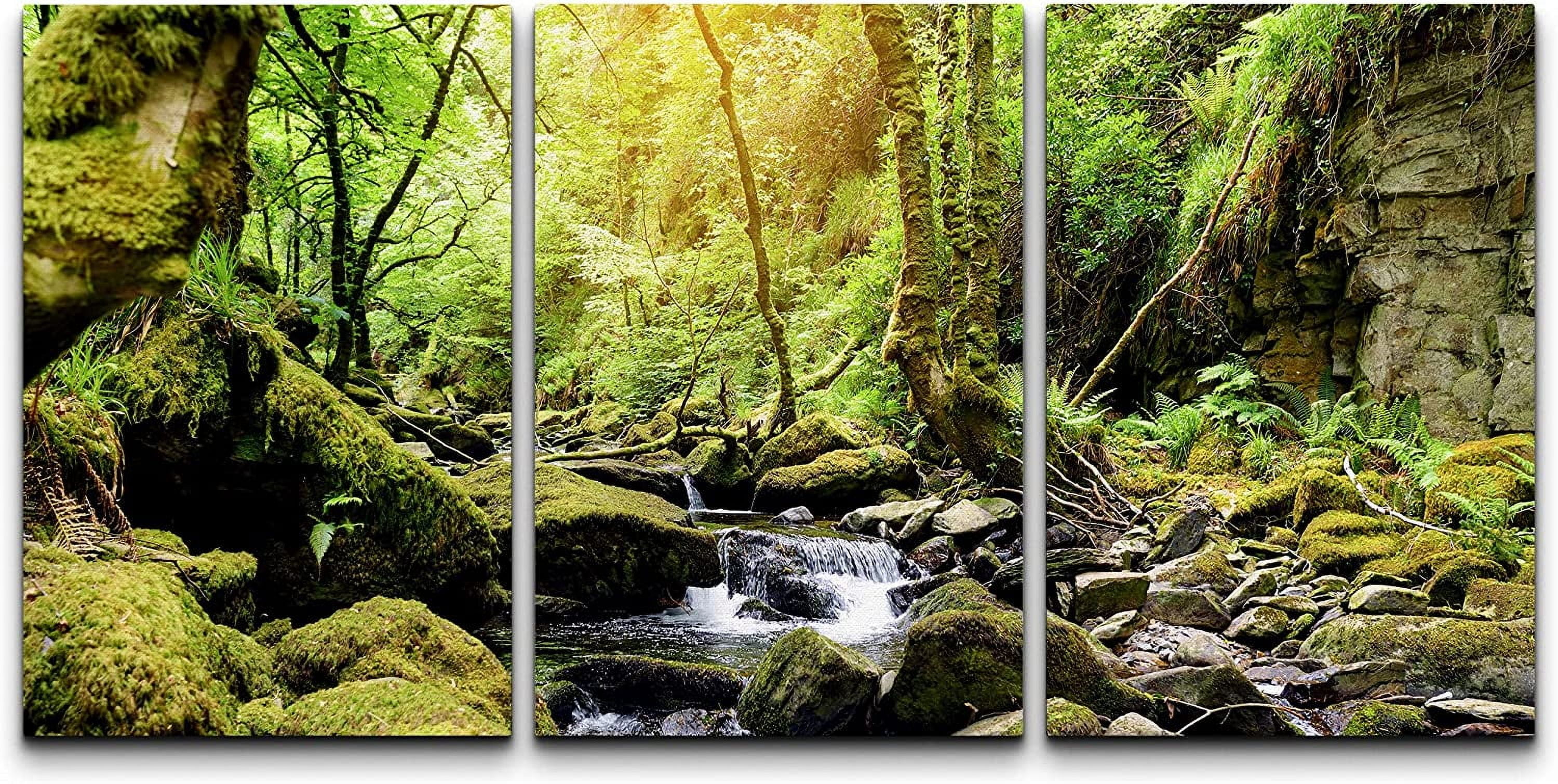 AABERIC Canvas Print Wall Art Set Sunlight Springtime Forest River Rapid Nature Wilderness ...
