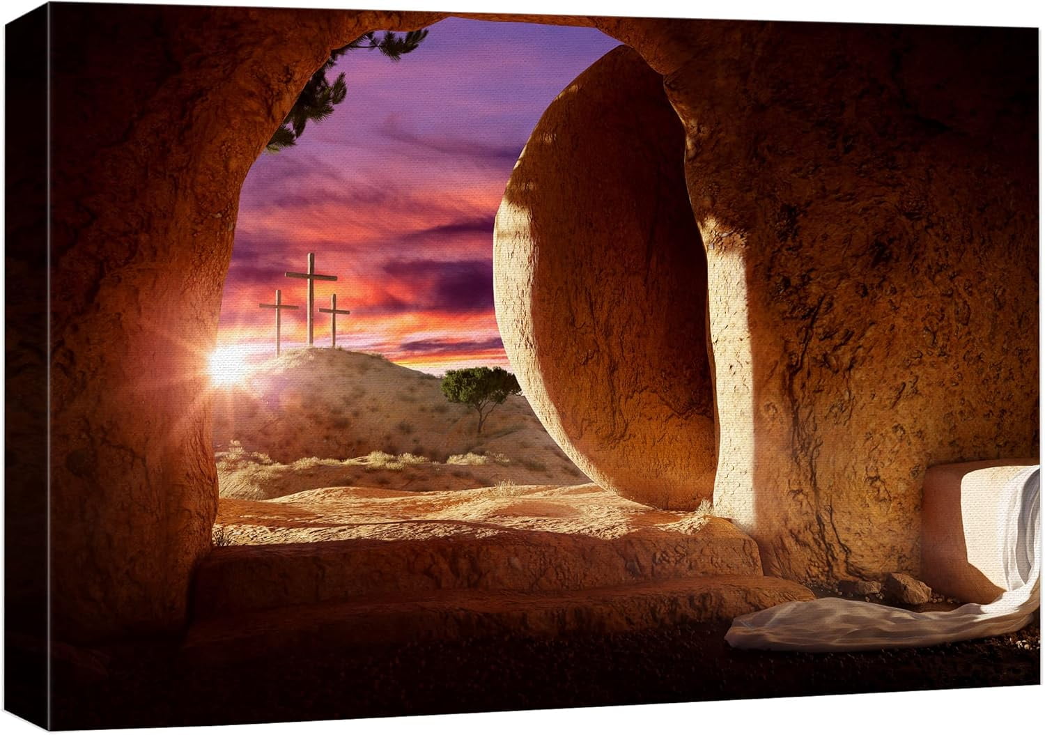 AABERIC Canvas Print Wall Art Sunset Sky Over Heavenly Crosses at The Garden Tomb Jerusalem ...