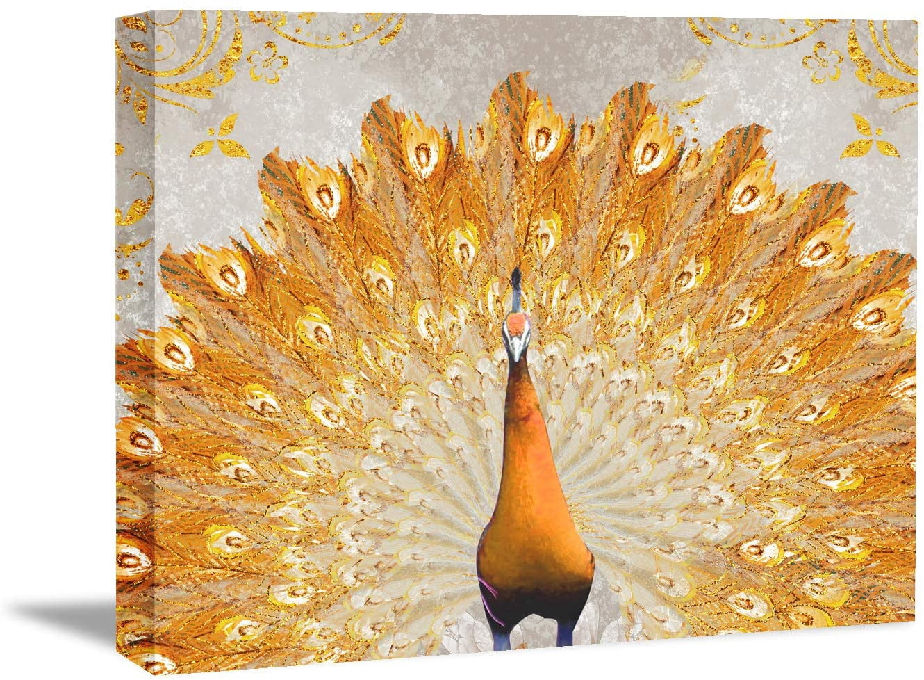 AABERIC Canvas Wall Art with Peacock Picture - Yellow Peacock with Gold ...