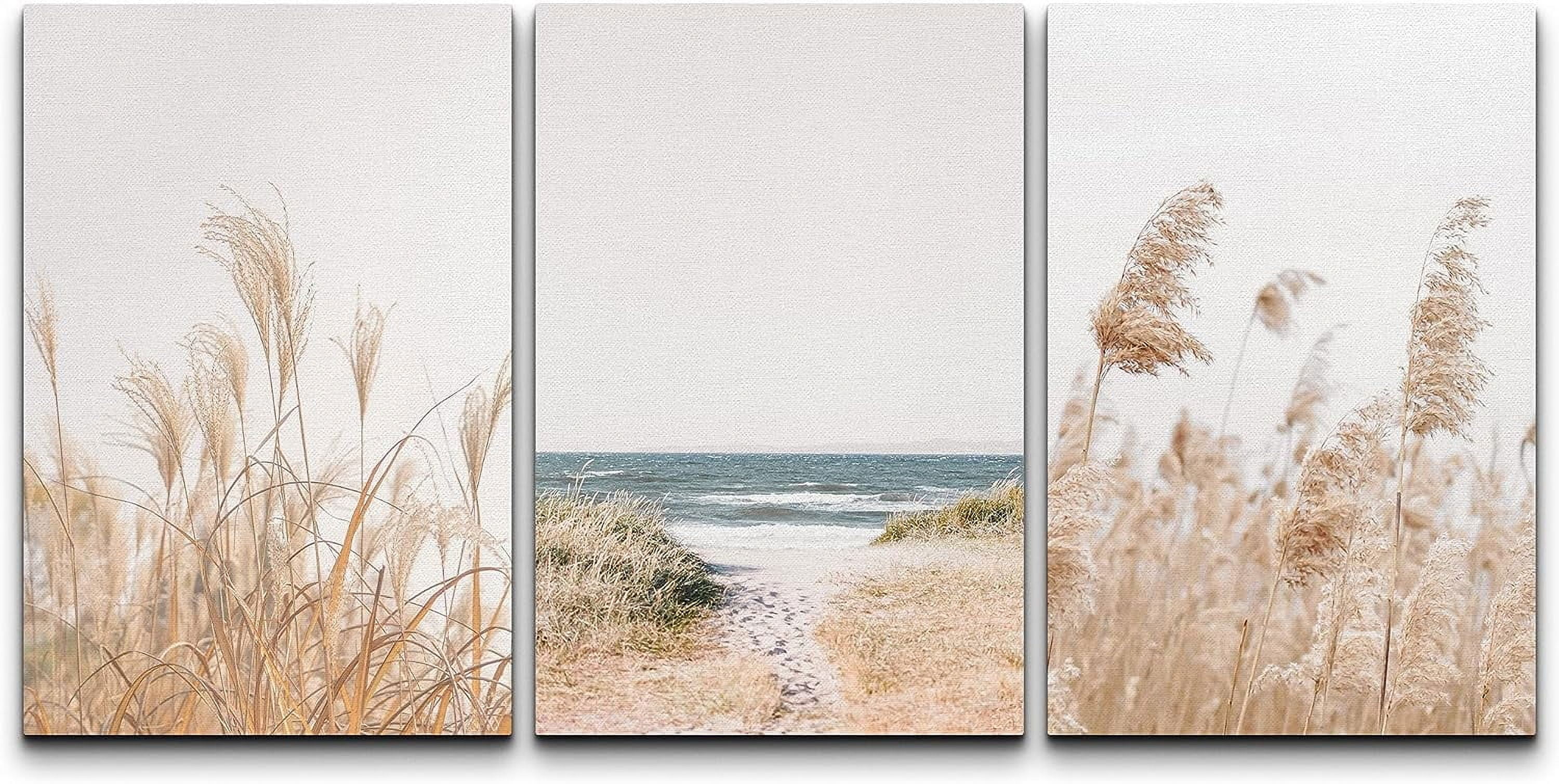 AABERIC Canvas White Beach Grass Cloudy Ocean Sea Wave Landscape Prints ...