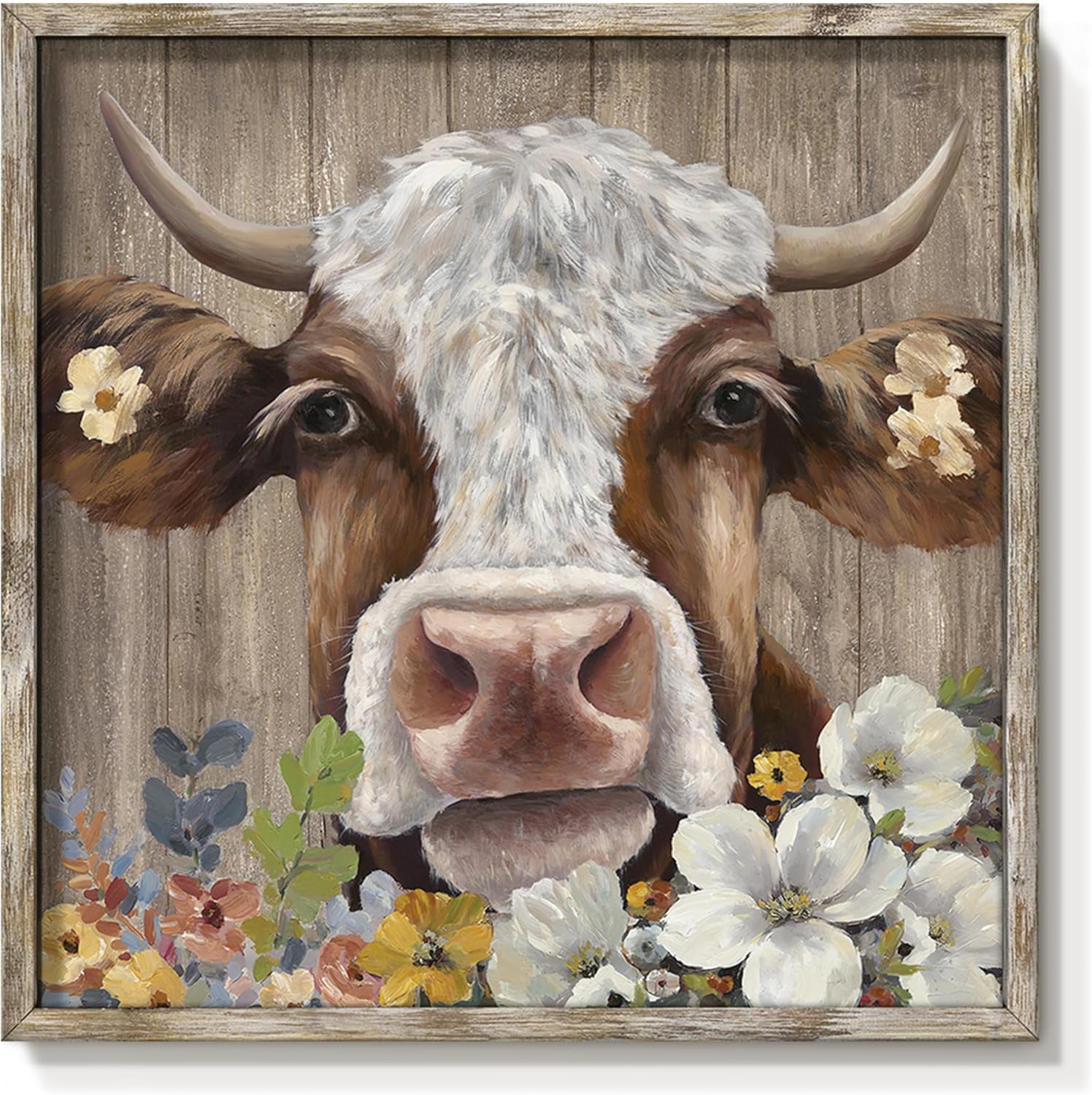 AABERIC Cattle Framed Wall Art Decor: Country Wooden Farm Cow Animal Painting Rustic Farmhouse ...