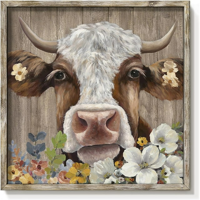 AABERIC Cattle Framed Wall Art Decor: Country Wooden Farm Cow Animal Painting Rustic Farmhouse ...