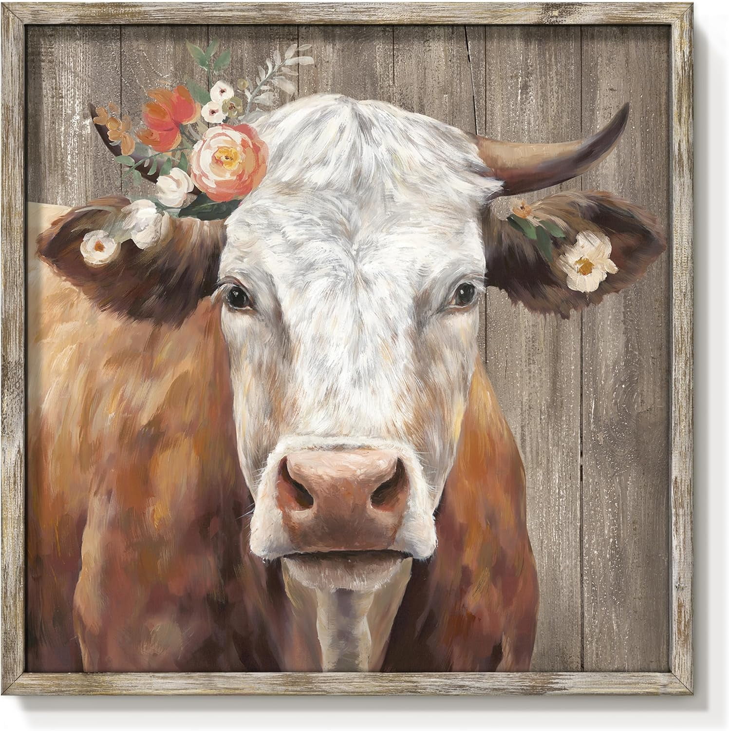 AABERIC Cattle Framed Wall Art Decor: Country Wooden Farm Cow Animal Painting Rustic Farmhouse ...