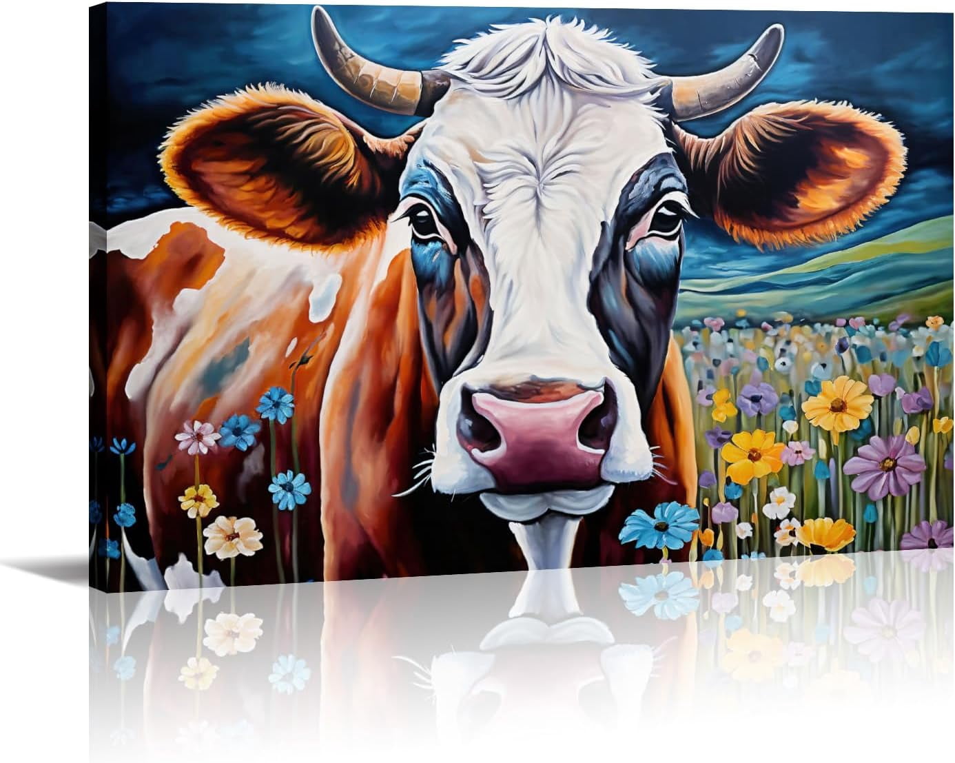 AABERIC Cow Canvas Wall Art Cattle Vibrant Meadow Flowers Picture Print ...