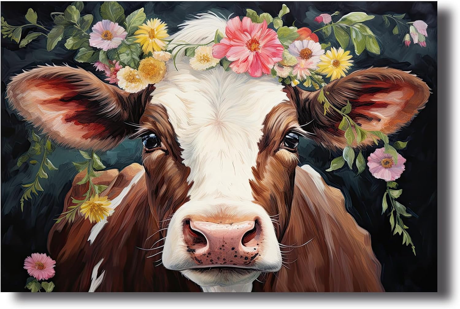 AABERIC Cow Canvas Wall Art Cute Cow with Flowers Poster Prints Funny ...