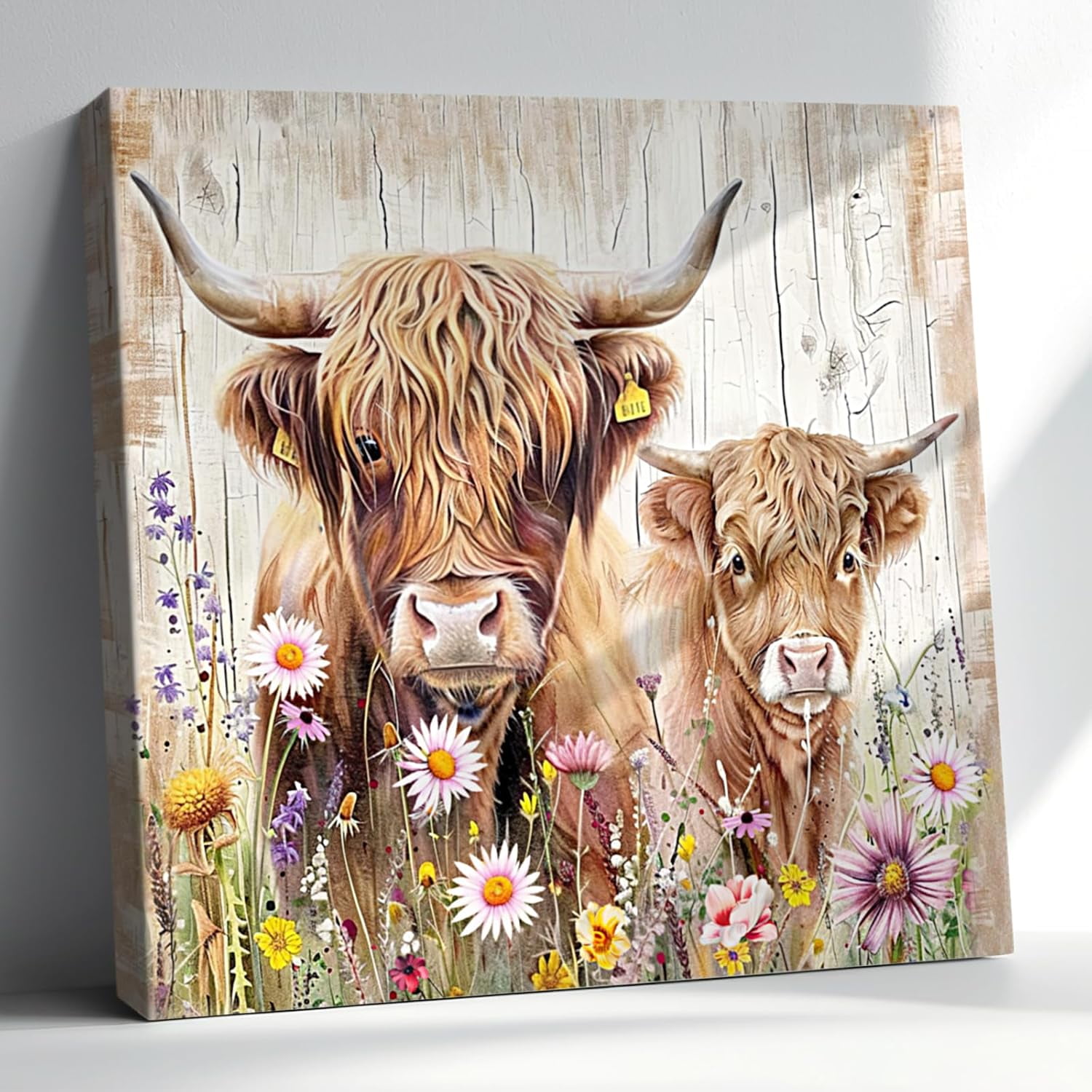 AABERIC Cow Pictures Watercolor Wildflower Wall Art Bathroom Highland ...