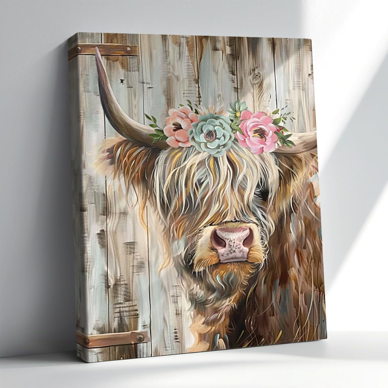 AABERIC Cow Pictures Watercolor Wildflower Wall Art Bathroom Highland ...