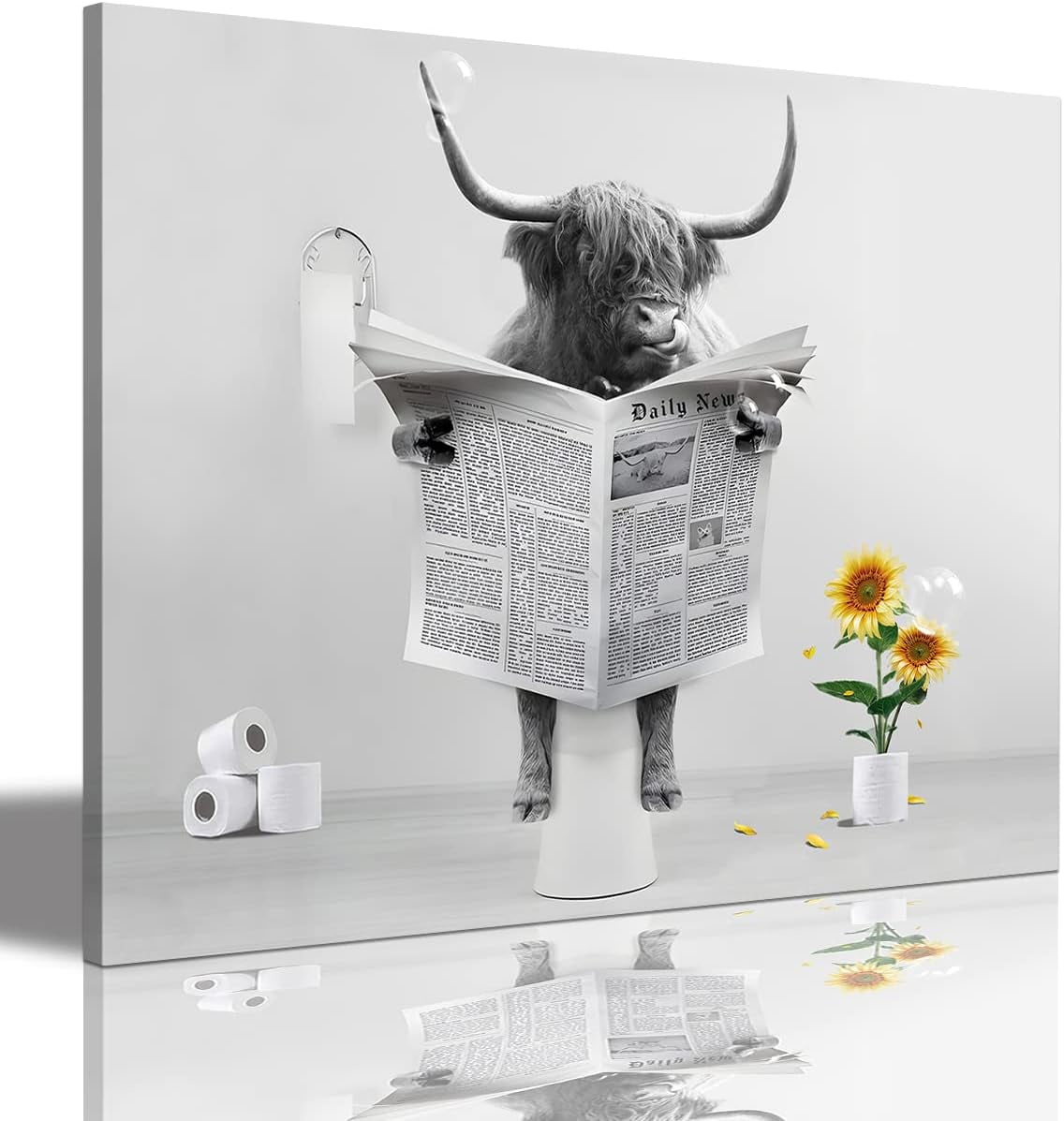 AABERIC Cow Reading Newspaper Toilet Canvas Wall Art Black and White ...