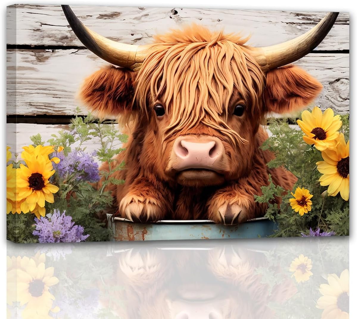 AABERIC Cute Highland Cattle Wall Decor Funny Calf Bucket Picture Print ...