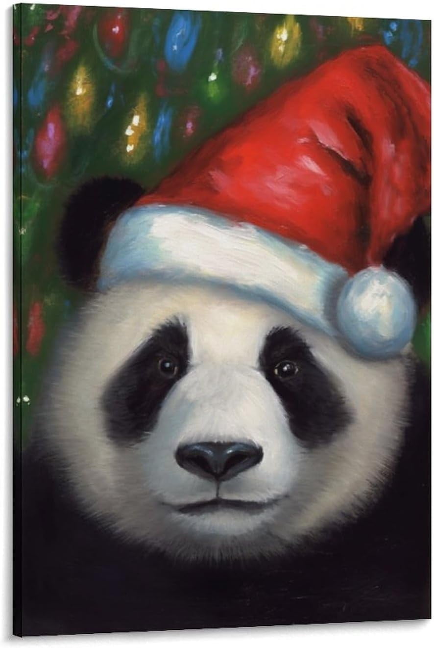 AABERIC Cute Panda Canvas Wall Art Panda Wearing Red Santa Hat Art ...