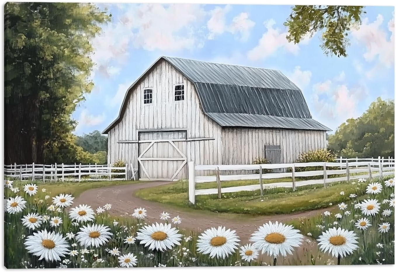 AABERIC Farmhouse Barn Canvas Wall Art Rustic Road Fences Daisies ...