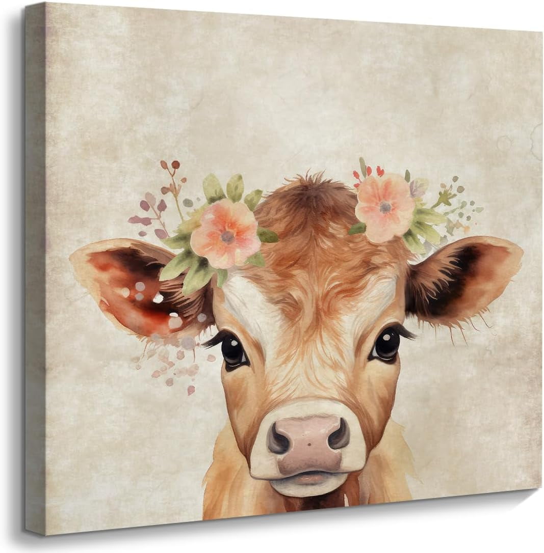 AABERIC Farmhouse Cattle Canvas Wall Art Cute Baby Cow Wearing a Wreath Picture Prints Poster ...