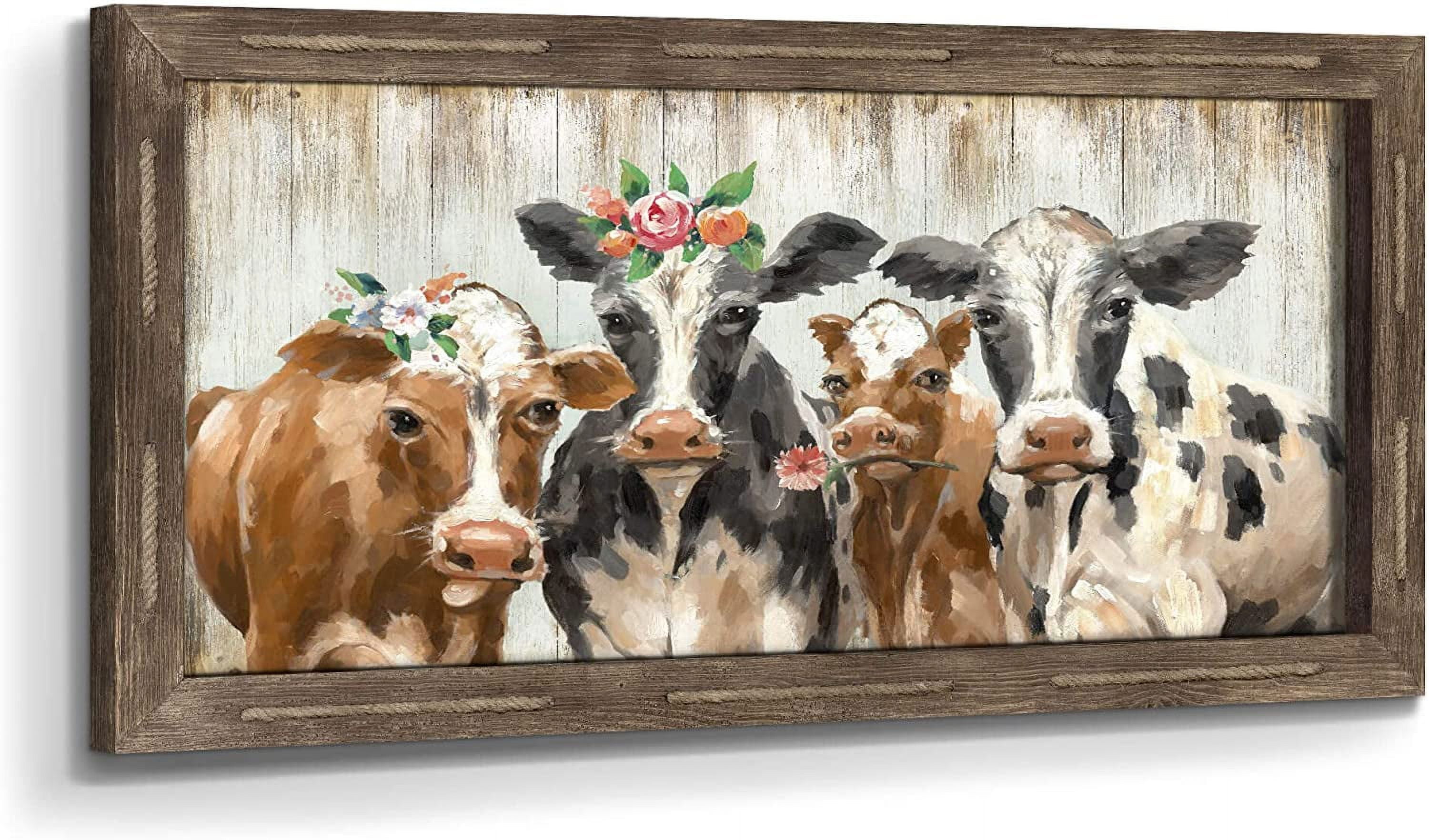 AABERIC Farmhouse Cute Cattle Wall Art: Large Rustic Framed Wall Decor ...