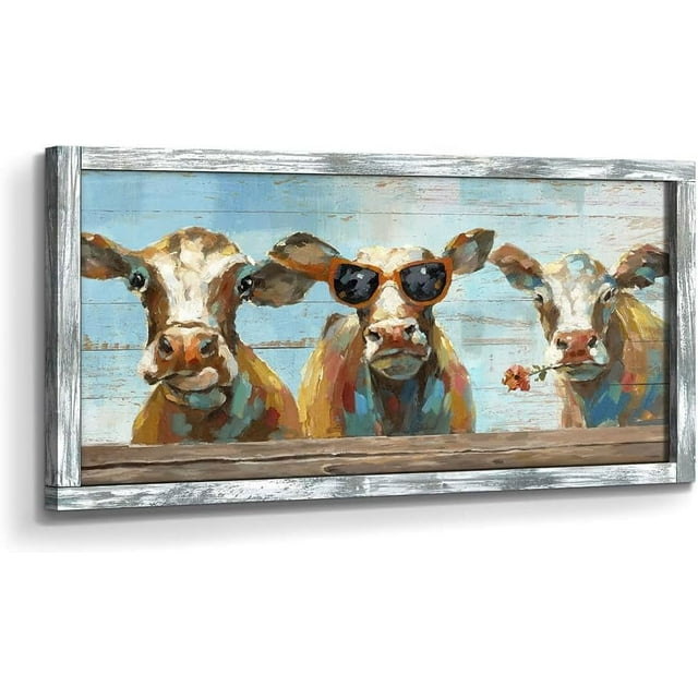 AABERIC Farmhouse Cute Cattle Wall Art: Large Rustic Framed Wall Decor Funny Farm Animal Theme ...