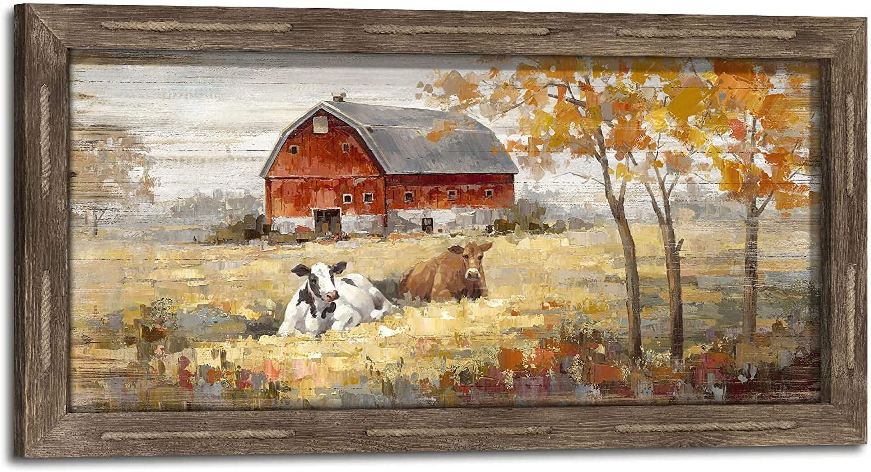 AABERIC Farmhouse Framed Wall Art Decor: Rustic Barn Farm Scene Wood ...