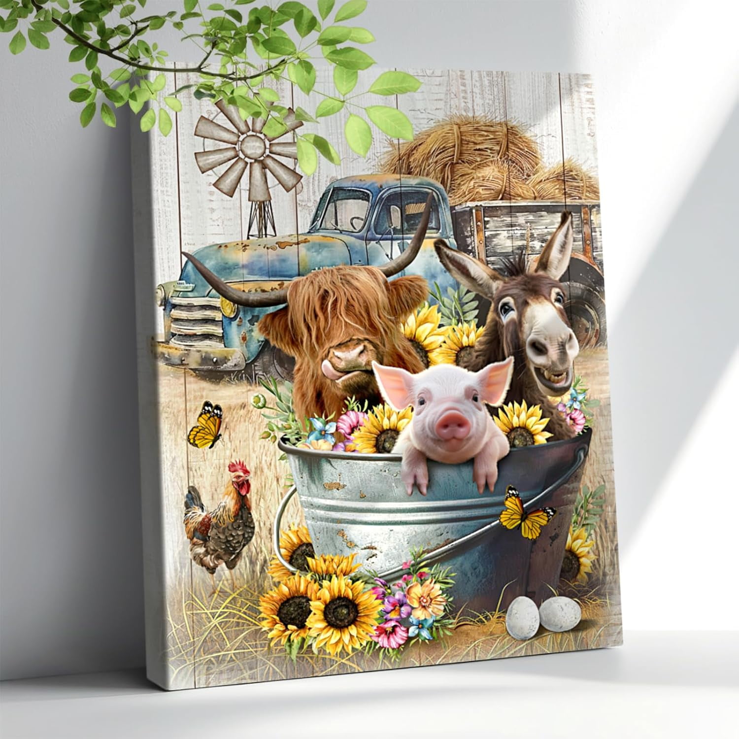 AABERIC Farmhouse Highland Cow Pig Donkey Wall Art Country Sunflowers ...