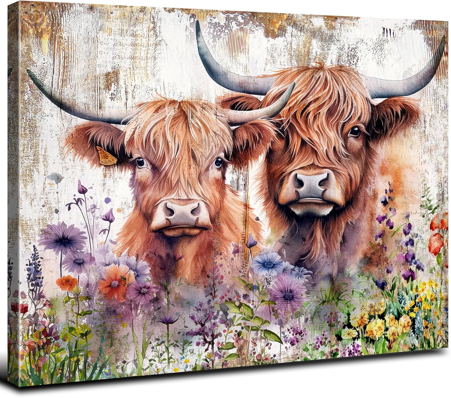 AABERIC Farmhouse Highland Cow Wall Art Rustic Cow Floral Pictures Wall Decor Western Country ...