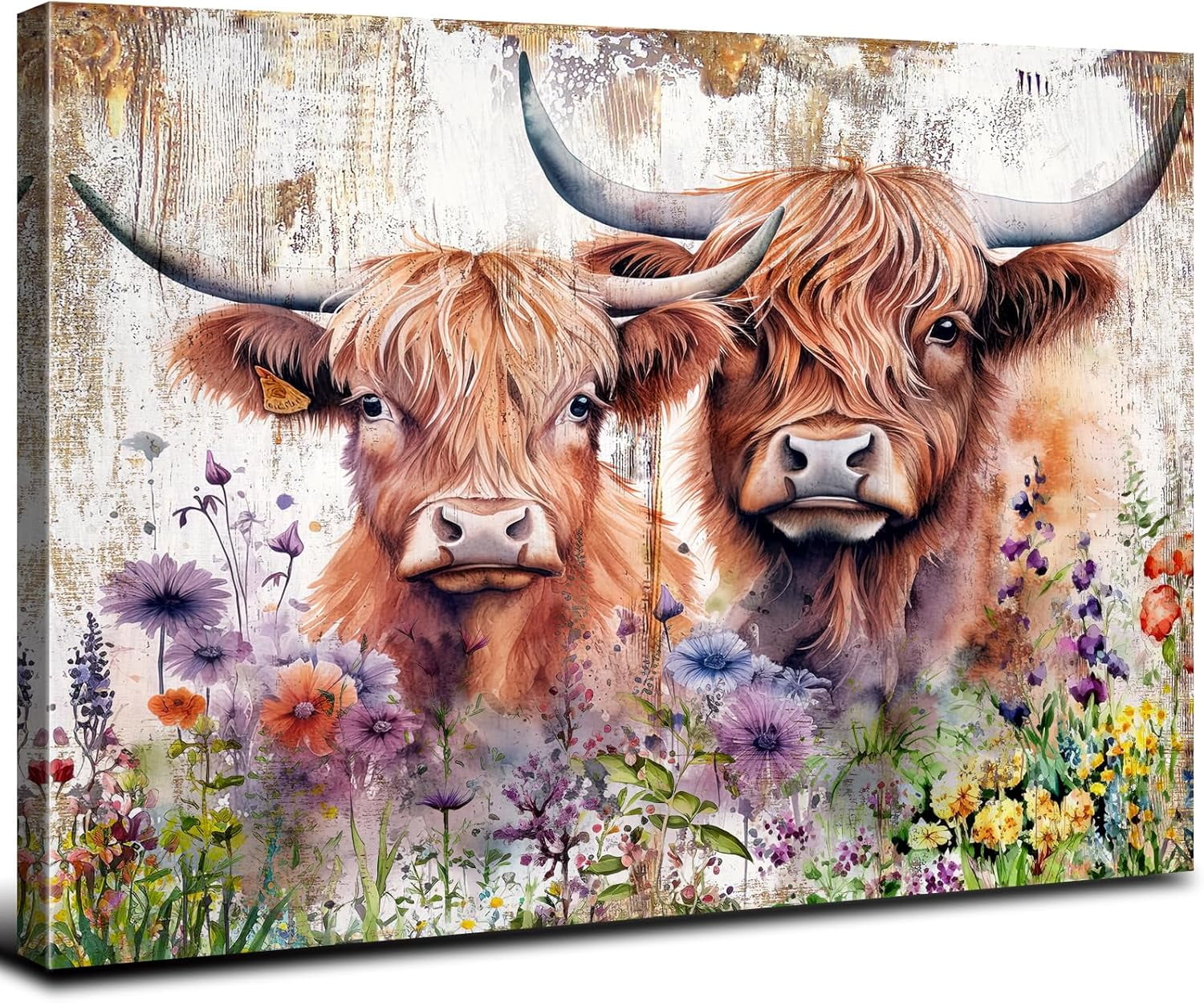 AABERIC Farmhouse Highland Cow Wall Art Rustic Cow Floral Pictures Wall ...