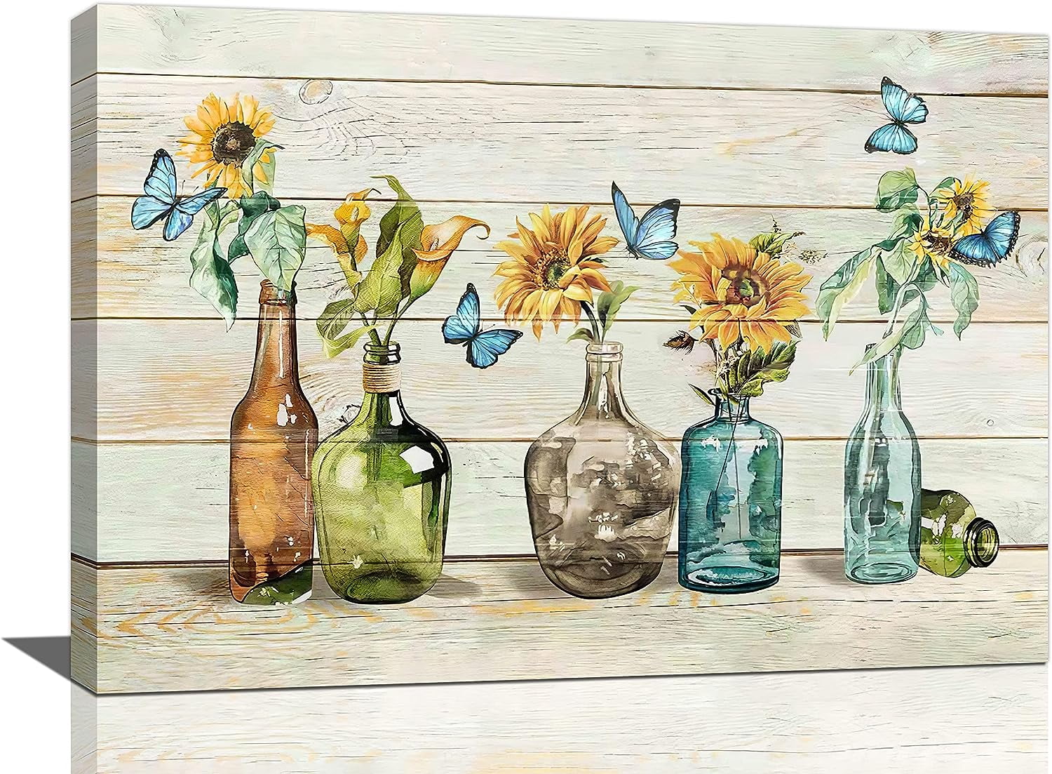 AABERIC Floral Wall Art Rustic Vase Butterflies Sunflowers Wall Decor Farmhouse Bottles And ...