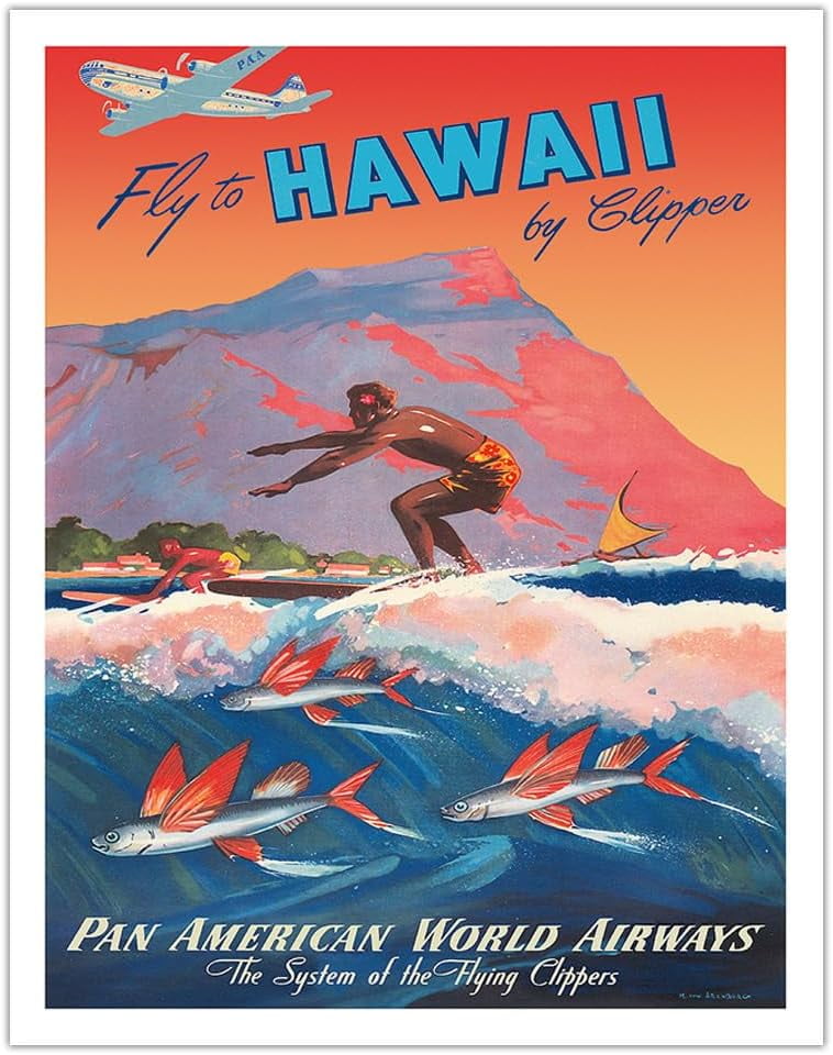 AABERIC Fly To Hawaii by Clipper - Pan American World Airways - Surfer Diamond Head Crater ...