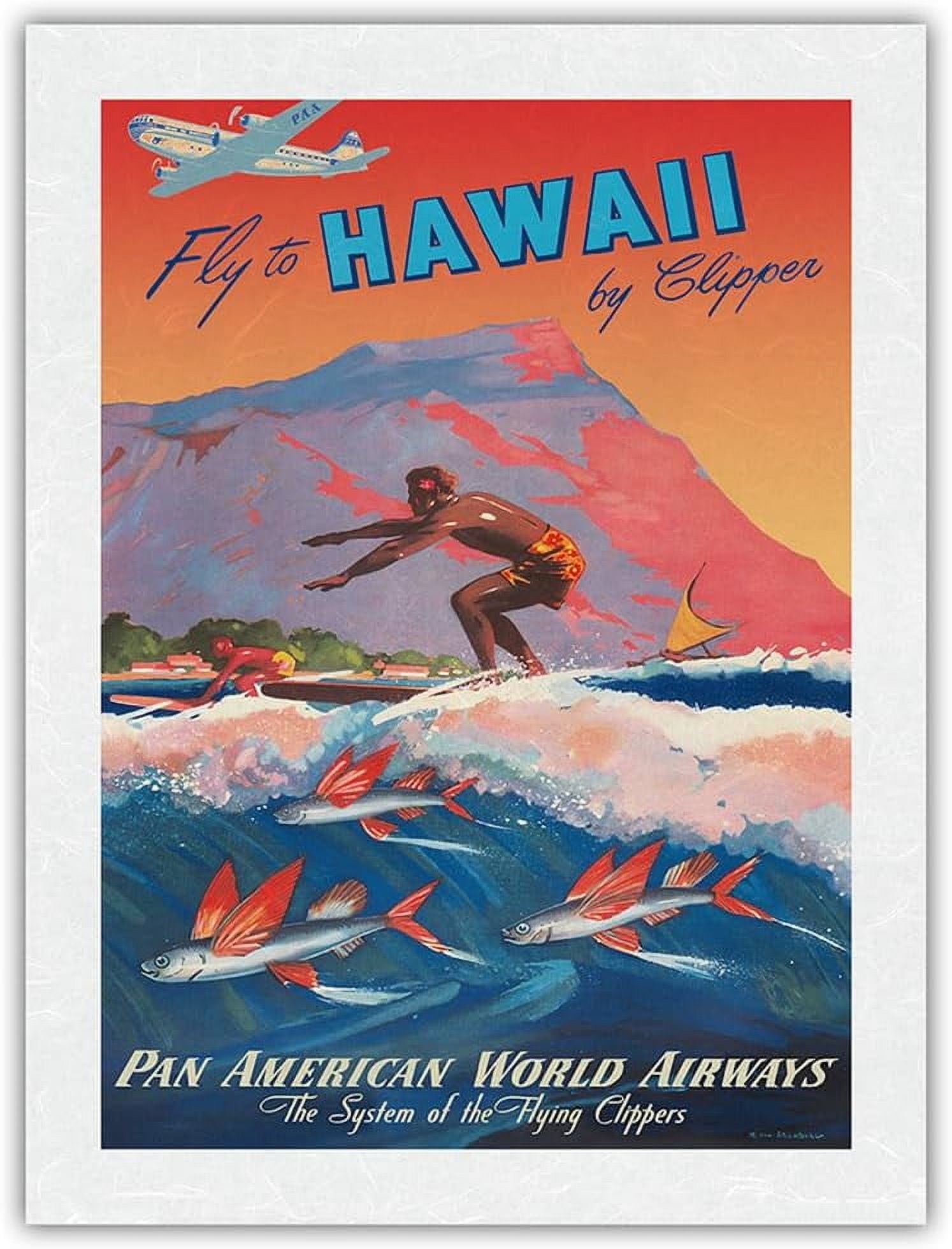AABERIC Fly To Hawaii by Clipper - Surfer, Diamond Head Crater - Pan American World Airways ...