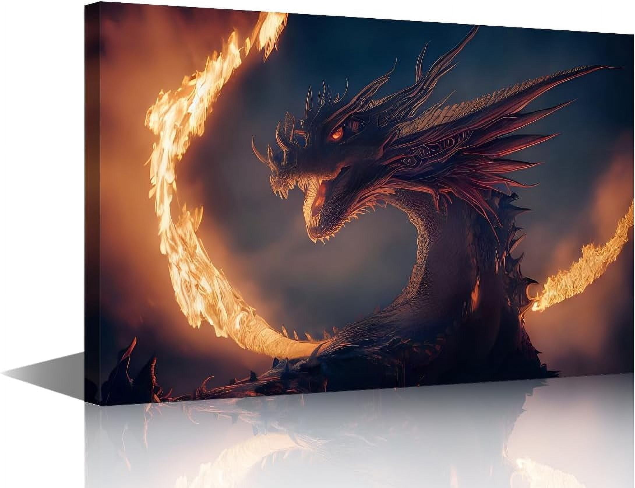 AABERIC Flying Dragon Canvas Wall Art Animals Paintings White Dragon ...