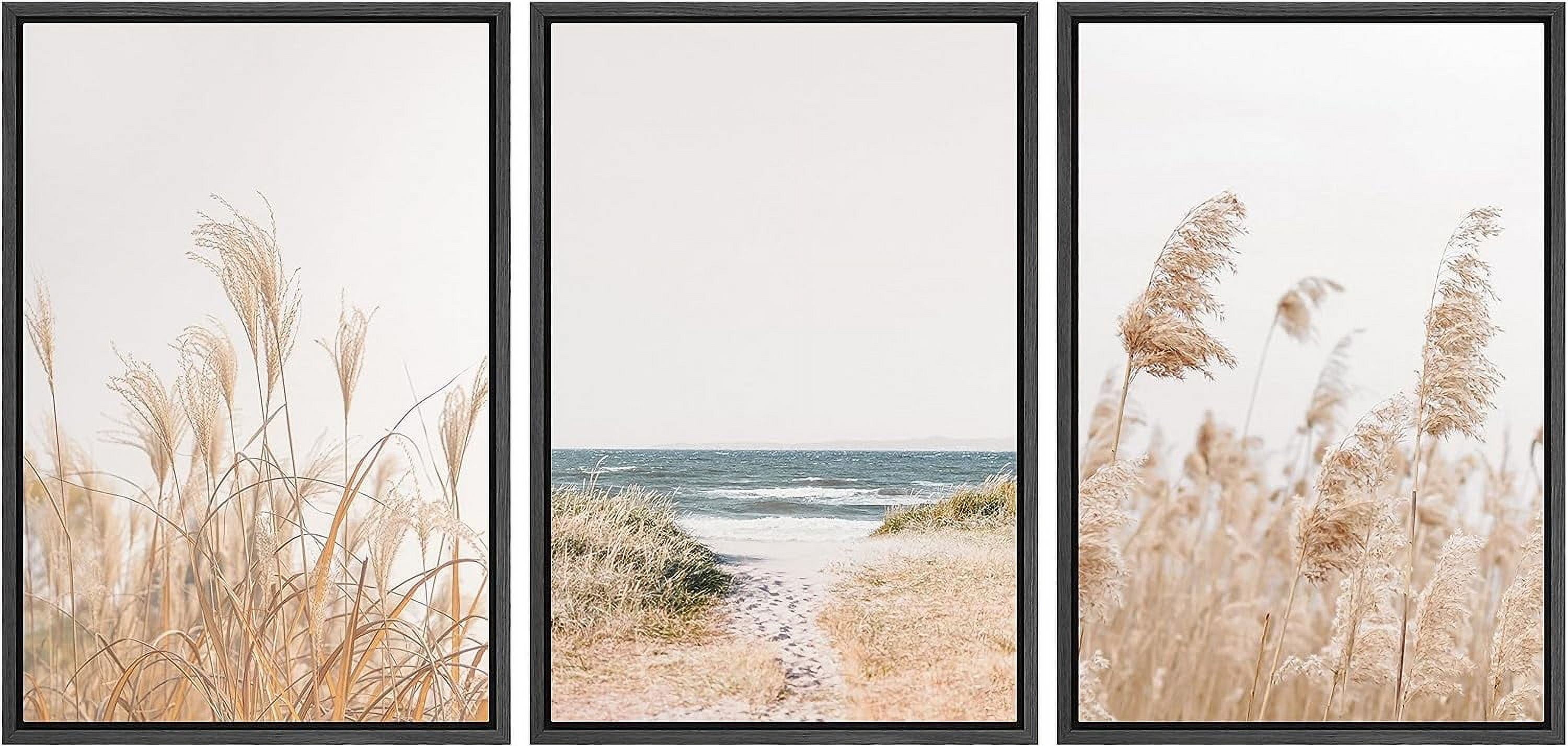 AABERIC Framed Canvas White Beach Grass Cloudy Ocean Sea Wave Landscape ...