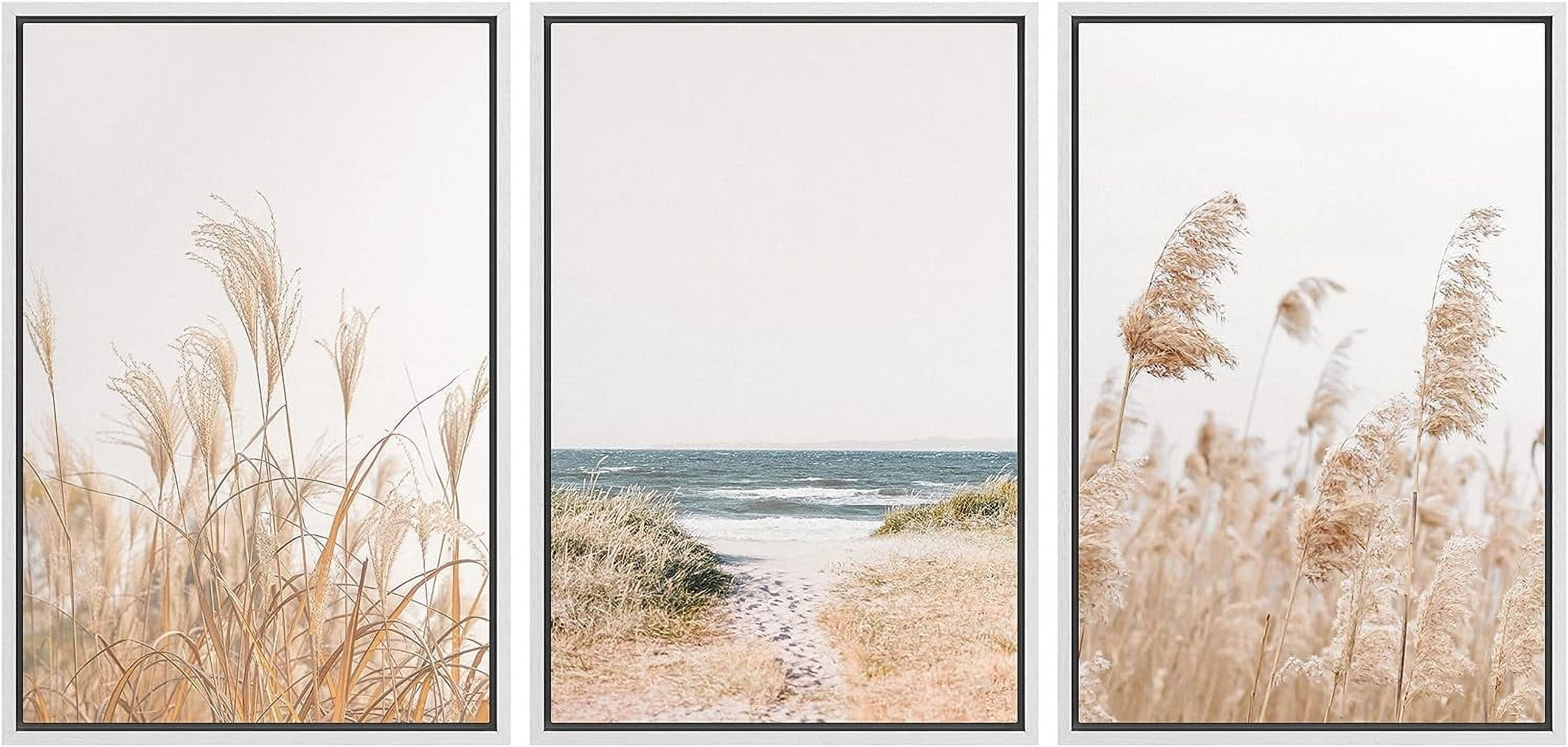 AABERIC Framed Canvas White Beach Grass Cloudy Ocean Sea Wave Landscape ...