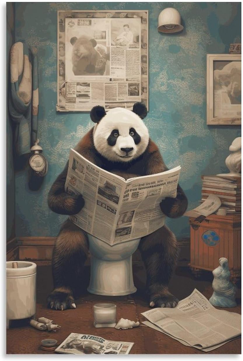 AABERIC Funny Bathroom Canvas Wall Art Dog Animal Reading The Newspaper ...