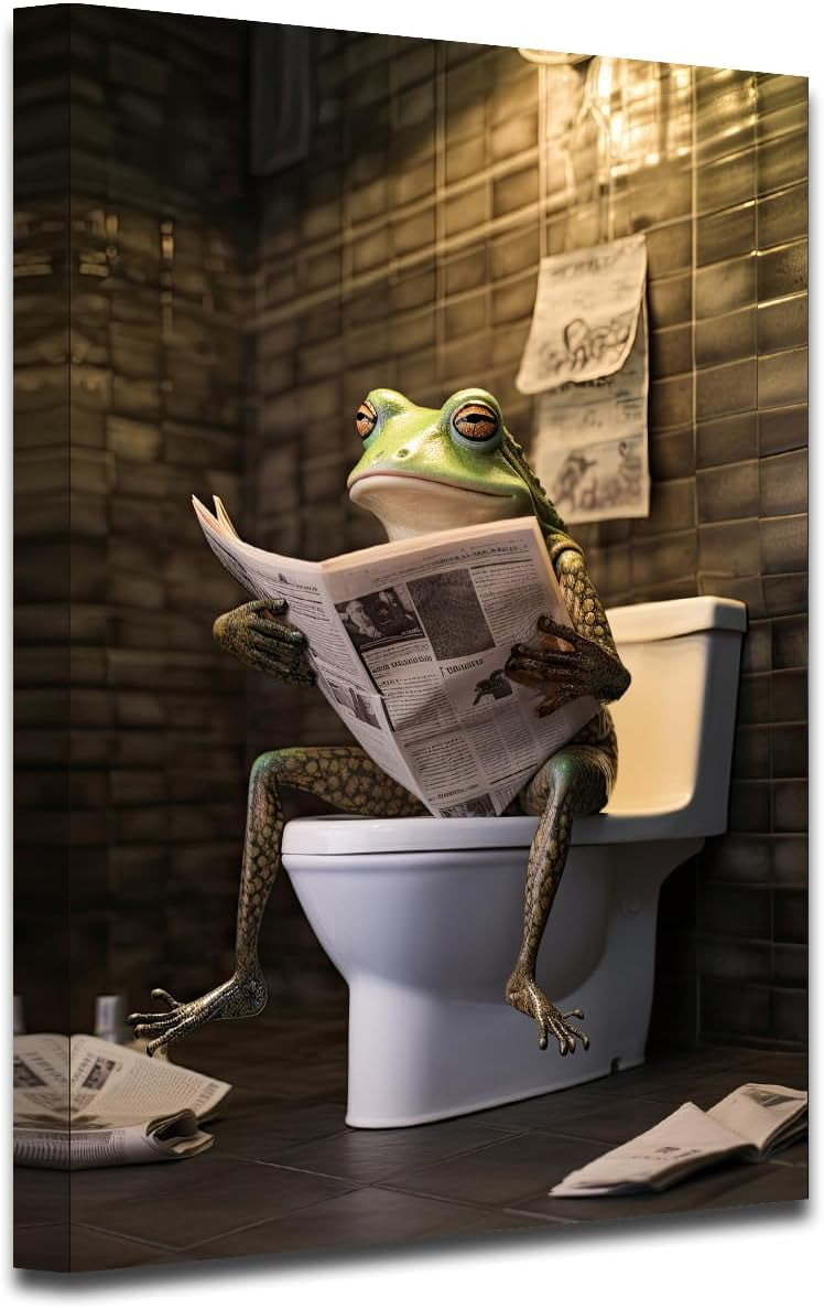 AABERIC Funny Bathroom Wall Art Frog Reading Newspapers on Toilet ...