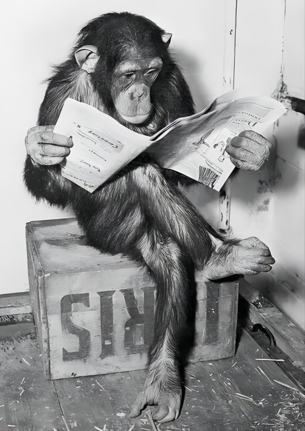 AABERIC Funny Chimp Reading Newspaper Poster Black and White Wall Art ...
