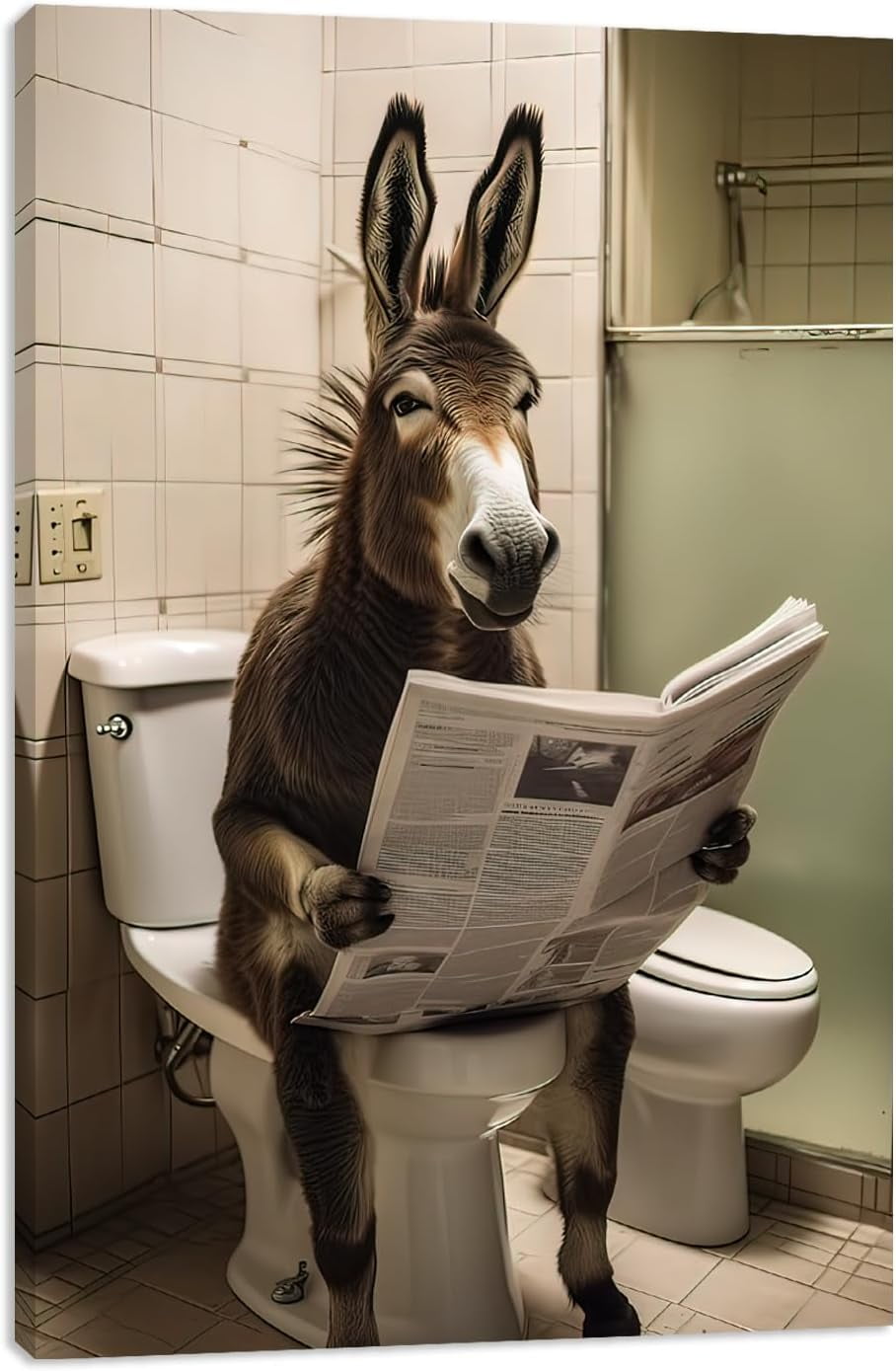 AABERIC Funny Donkey Bathroom Canvas Wall Art Donkey Reading Newspaper ...