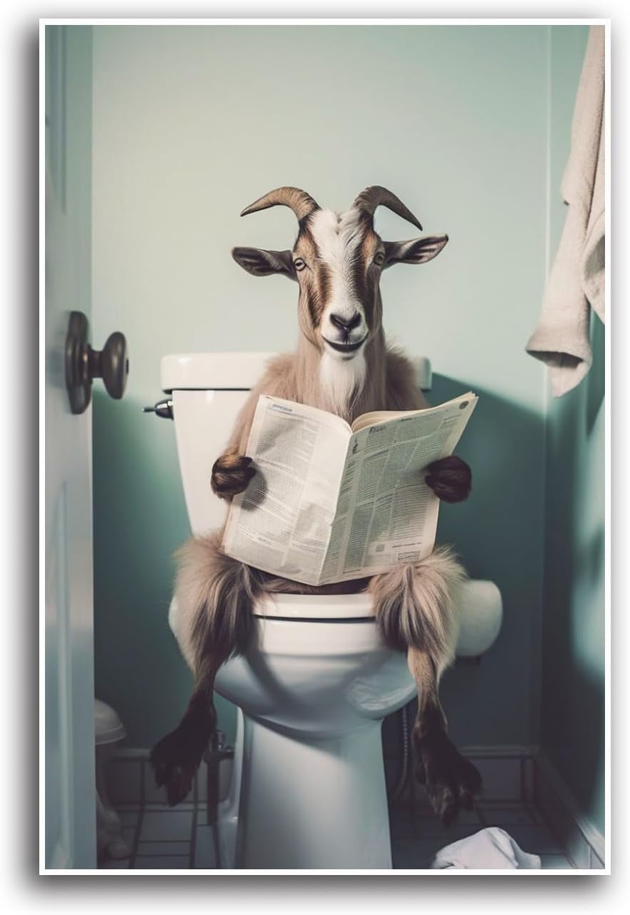 AABERIC Goat Reading Newspaper on Toilet Bathroom Wall Art Toilet ...