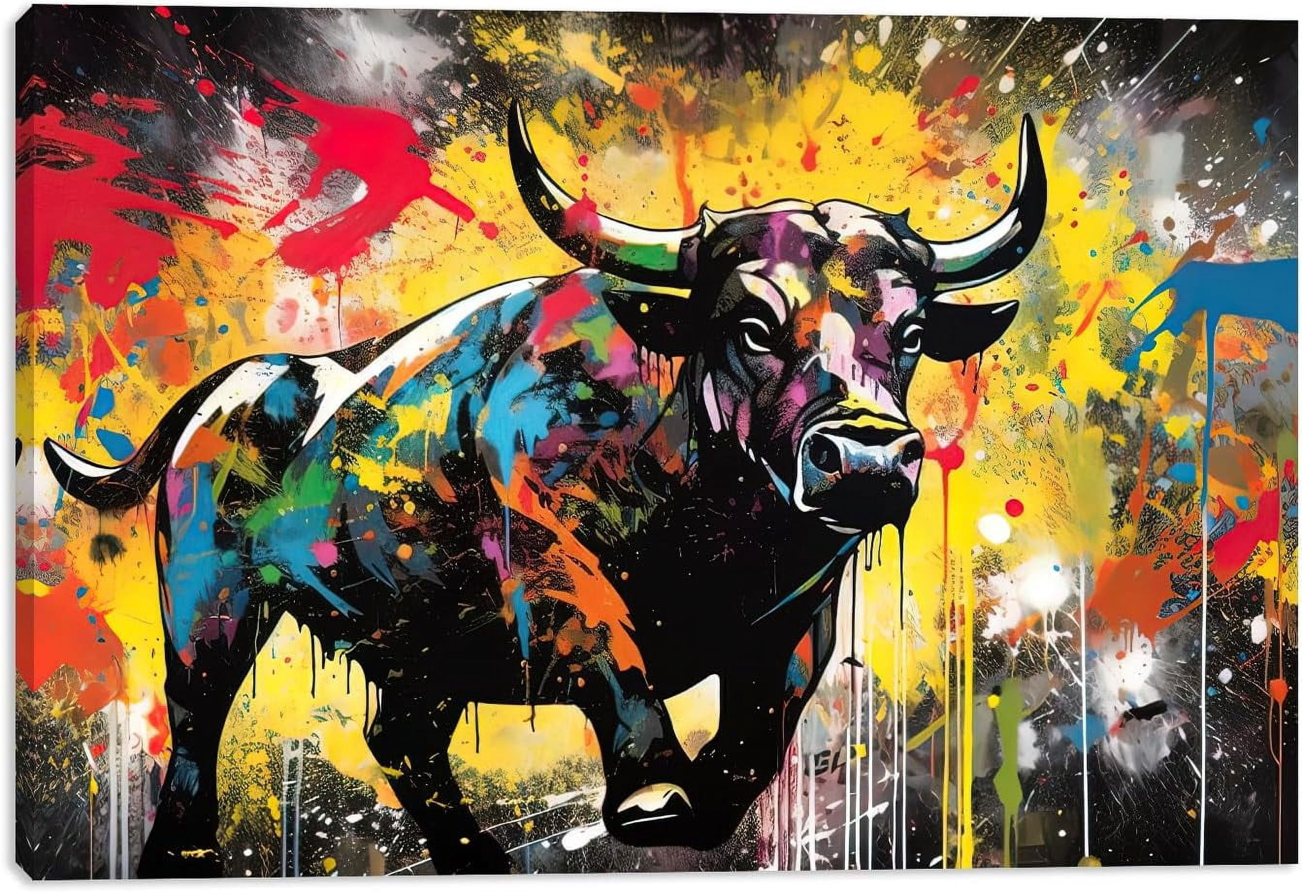 AABERIC Graffiti Canvas Wall Art A Silhouette of Bull Attack Painting ...