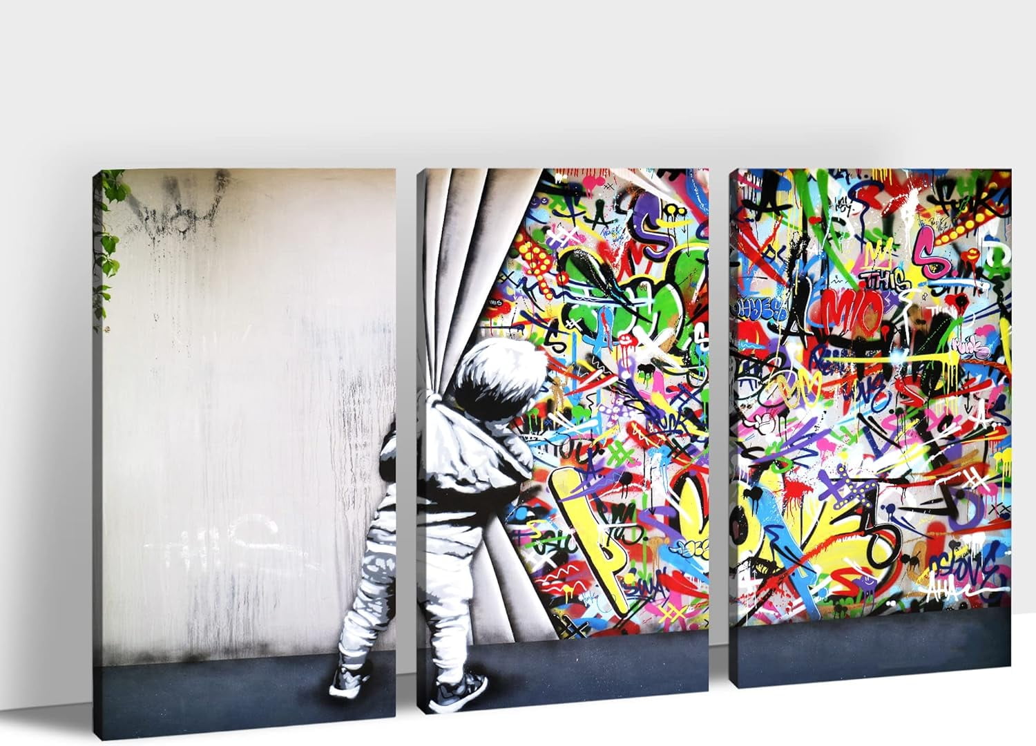 AABERIC Graffiti Wall Art - 3 Pieces Colorful Behind the Curtain ...