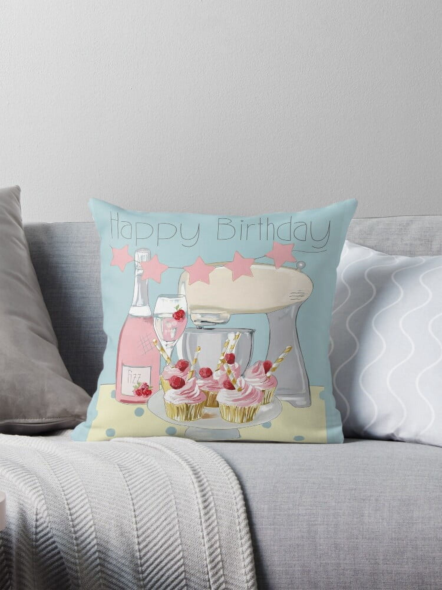 AABERIC Happy birthday cakes & fizz Throw Pillow Covers Cases Cushion ...