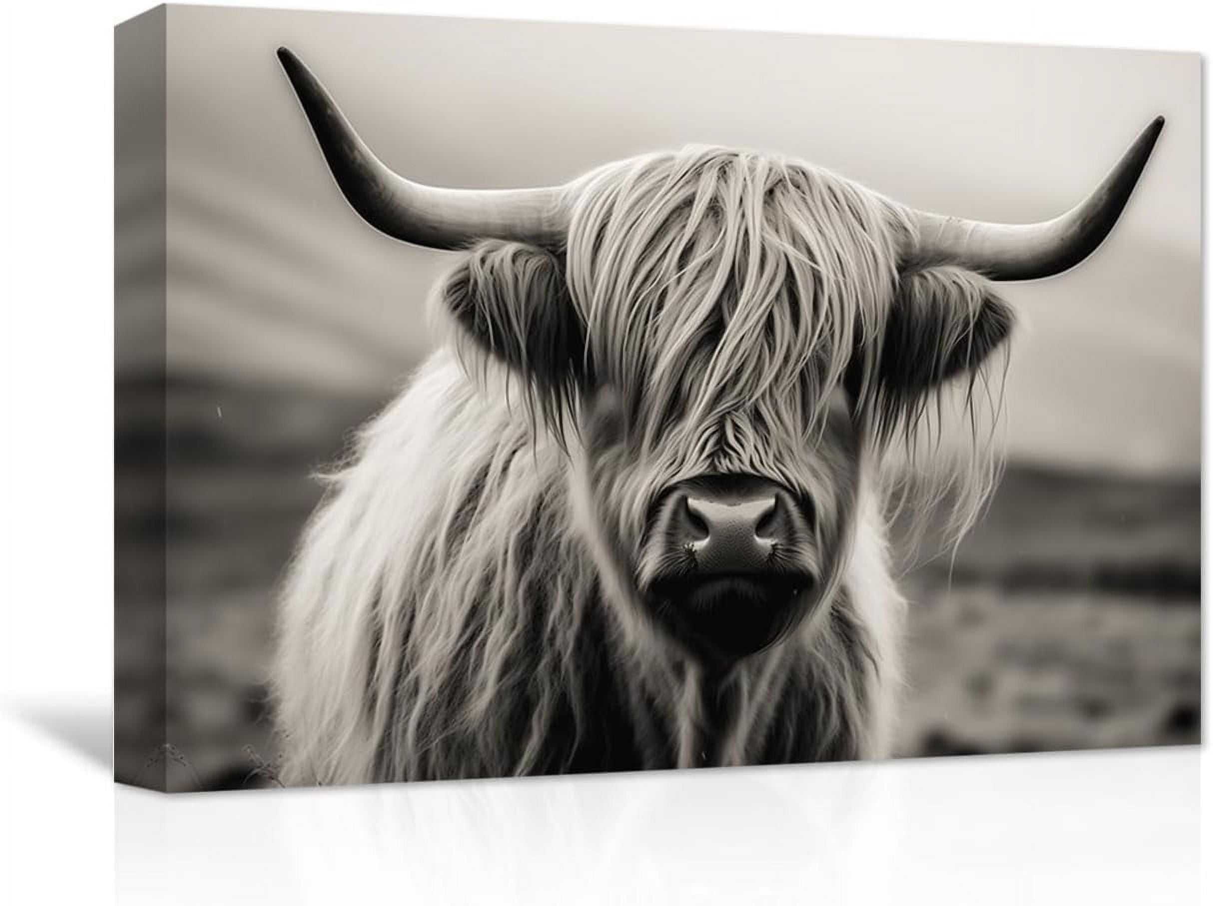 AABERIC Highland Cow Canvas Wall Art Black and White Cattle Painting ...