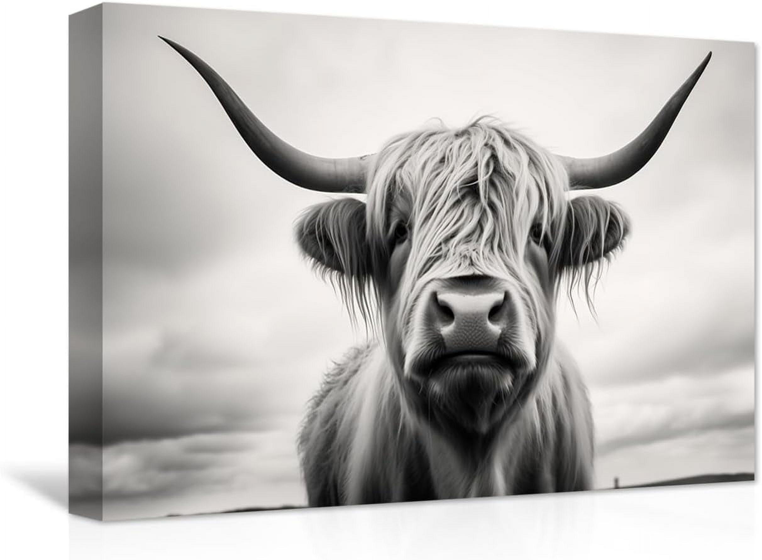 AABERIC Highland Cow Canvas Wall Art Black and White Cattle Painting ...