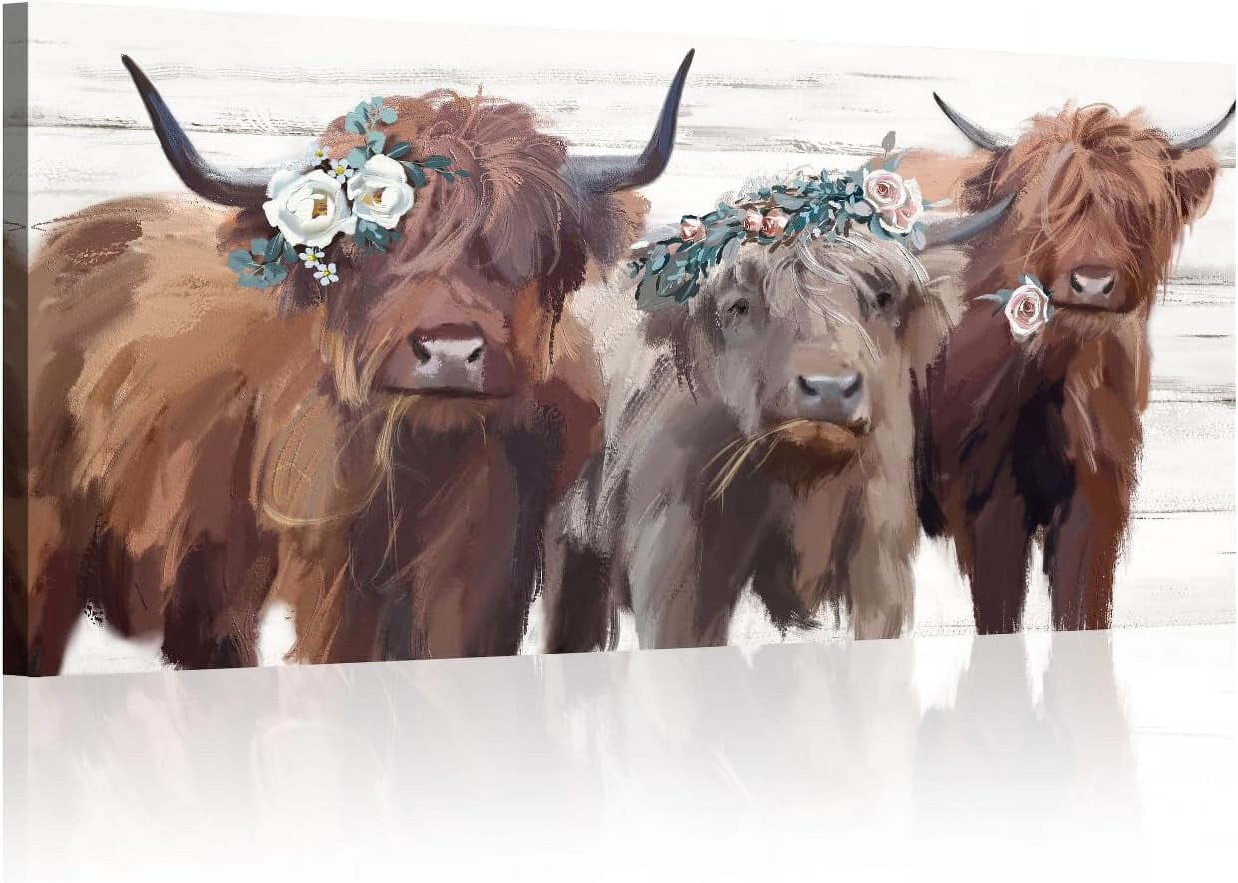 AABERIC Highland Cow Canvas Wall Art: Cow Floral Picture Farmhouse ...