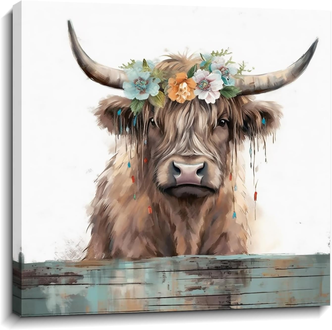 AABERIC Highland Cow Canvas Wall Art Cute Cattle with White Daisy Flower Picture Print Blue ...