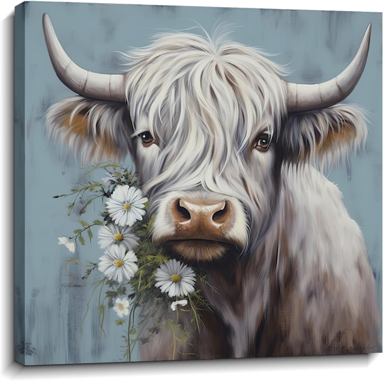 AABERIC Highland Cow Canvas Wall Art Cute Cattle with White Daisy Flower Picture Print Blue ...