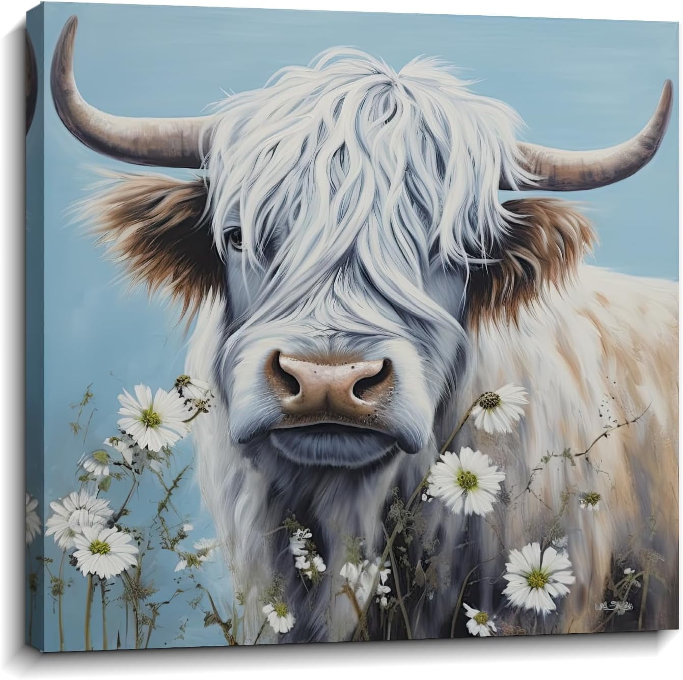 AABERIC Highland Cow Canvas Wall Art Cute Cattle with White Daisy ...