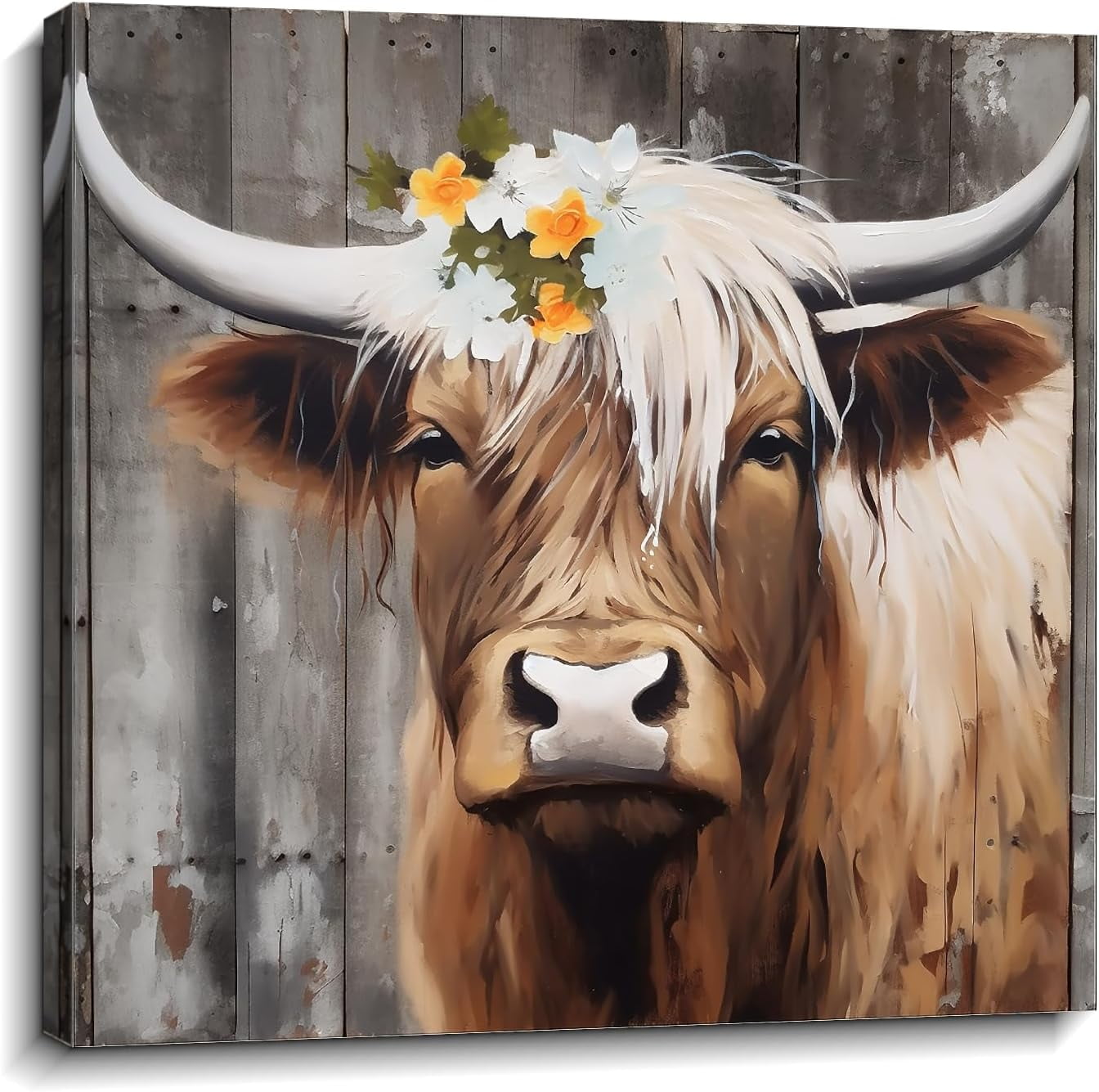 AABERIC Highland Cow Canvas Wall Art Cute Cattle with White Daisy ...