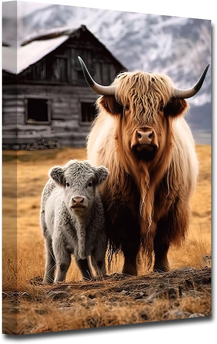 AABERIC Highland Cow Canvas Wall Art Farmhouse Wall Decor Rustic Farm ...