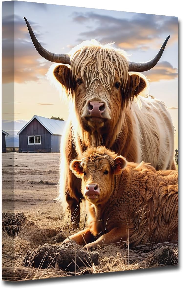 AABERIC Highland Cow Canvas Wall Art Farmhouse Wall Decor Rustic Farm ...