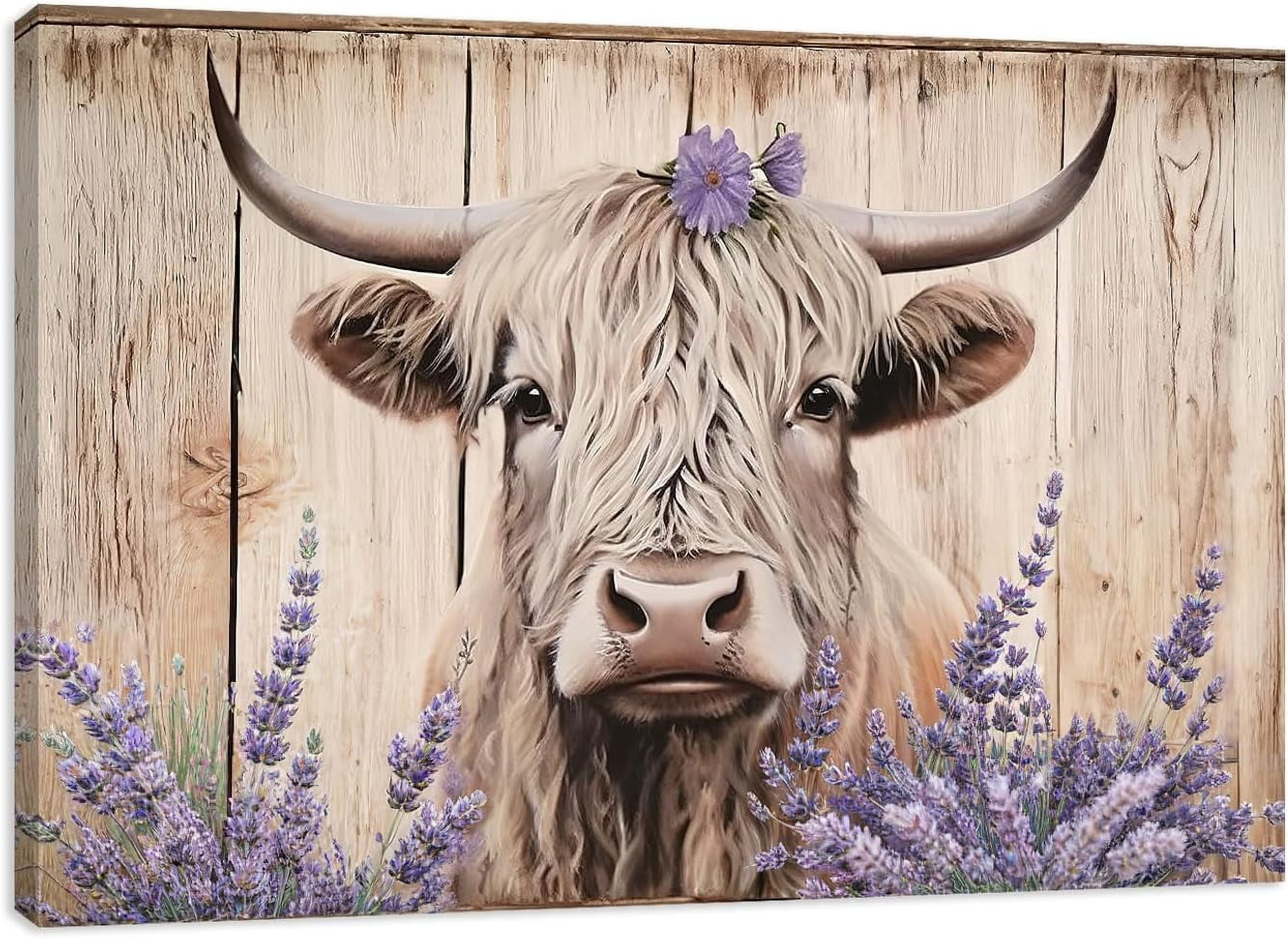 AABERIC Highland Cow Canvas Wall Art, Highland Cow and Purple Lavenders on Wooden Background ...