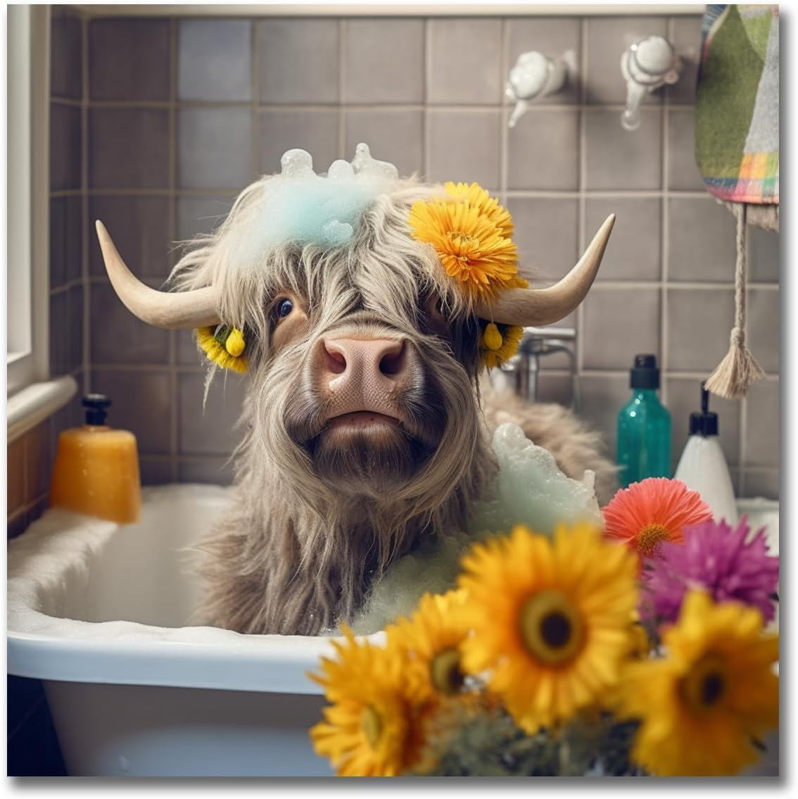 AABERIC Highland Cow Decor - Adorable Highland Cow with Rose Canvas ...